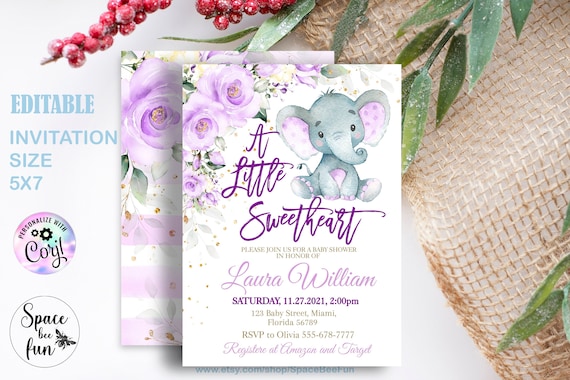EDITABLE Purple Elephant Baby Shower Invitation Girl Shower | Etsy