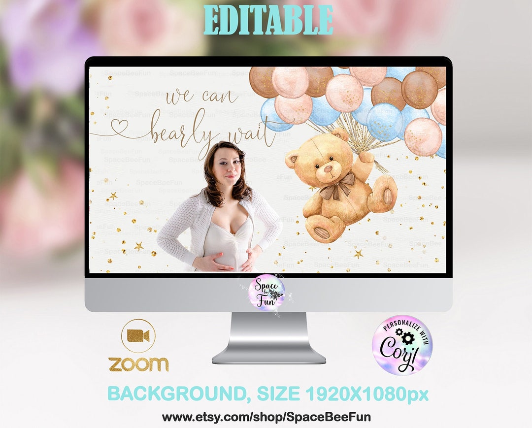 EDITABLE Zoom Background Baby Shower Teddy Bear Virtual Baby Shower We ...