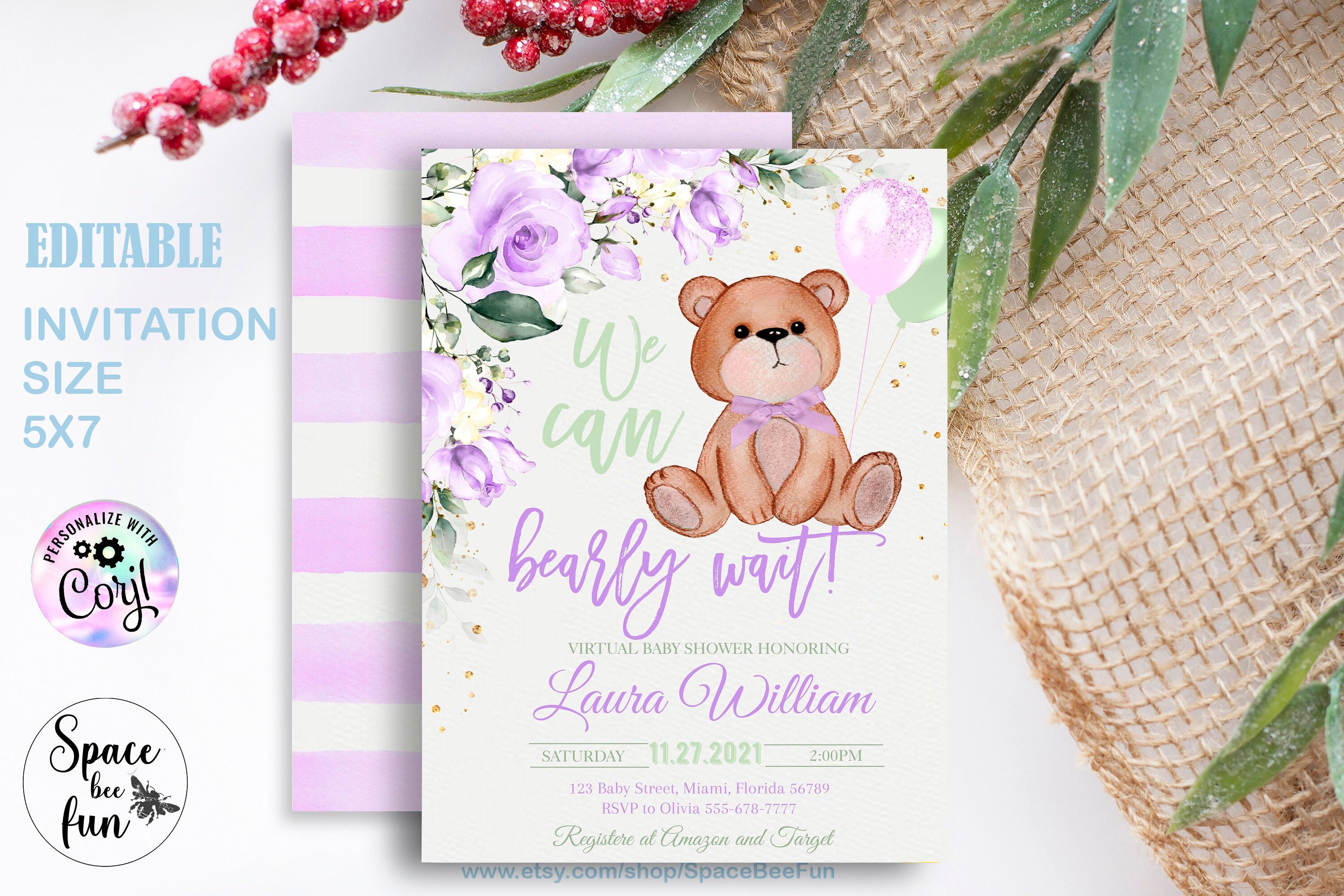 EDITABLE Teddy Bear Baby Shower Invitation Bear Invite Virtual | Etsy