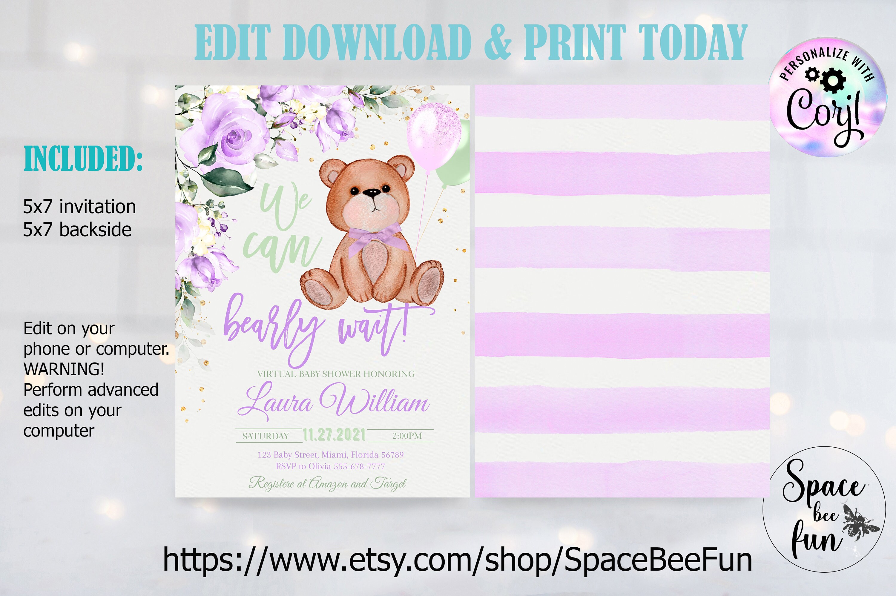 EDITABLE Teddy Bear Baby Shower Invitation Bear Invite Virtual | Etsy