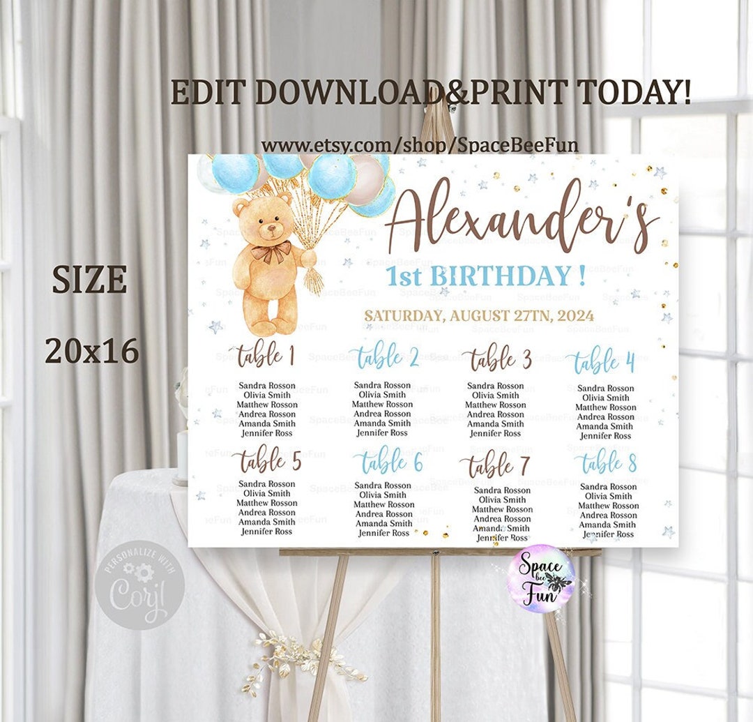 Teddy Bear Birthday Party Seating Chart, Seating Chart 1st Birthday ...