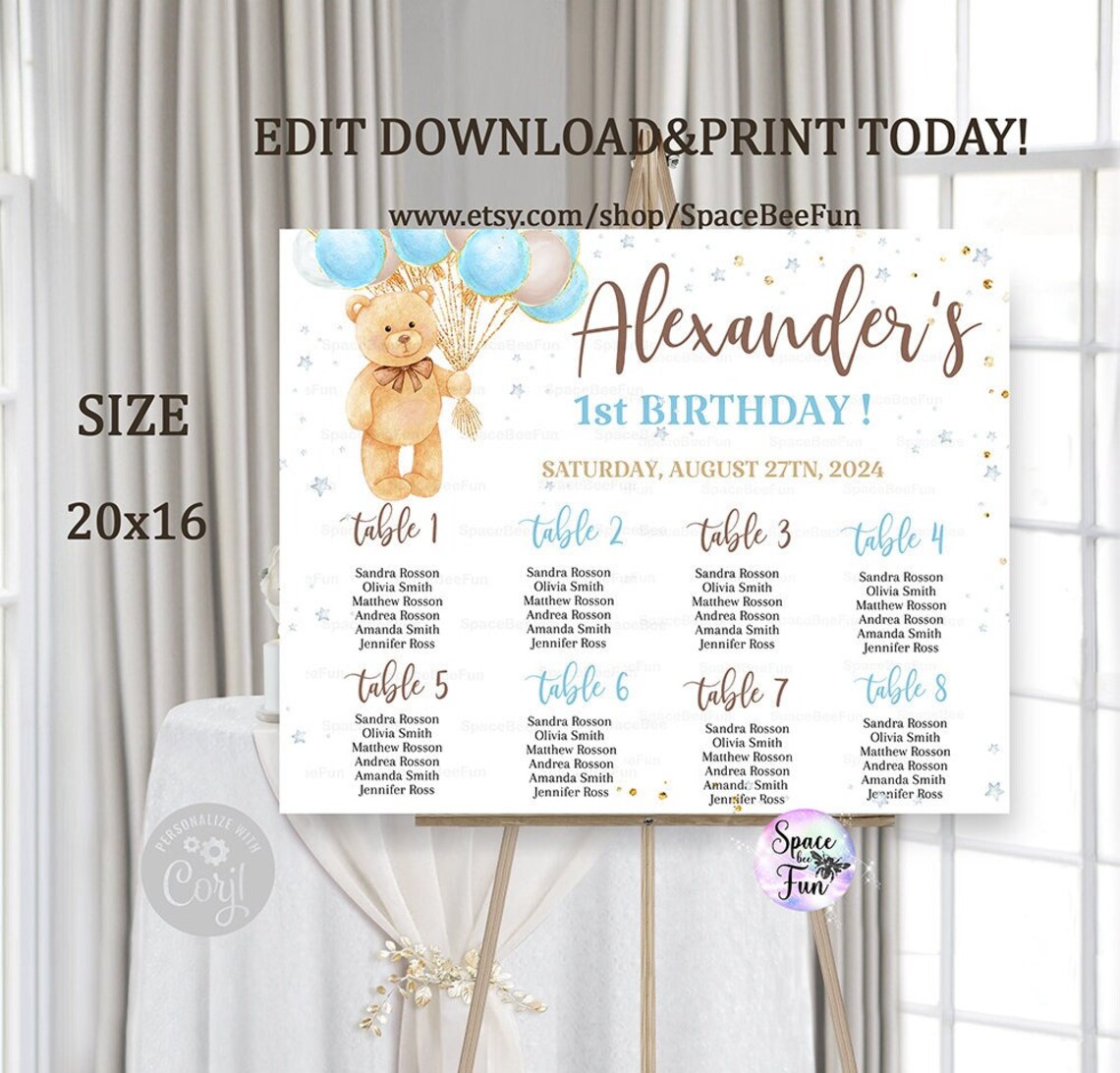 Teddy Bear Birthday Party Seating Chart Seating Chart 1st - Etsy