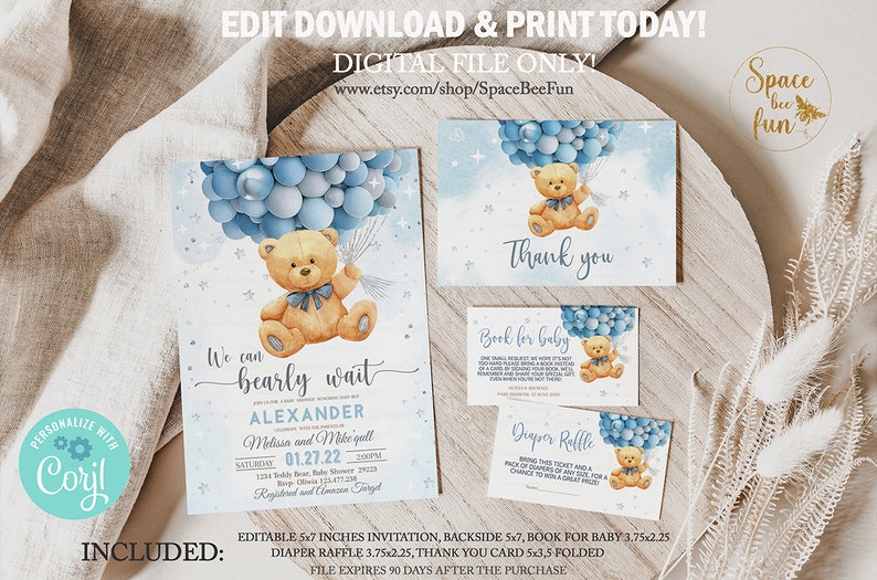 Editable Teddy Bear Baby Shower Invitation Bundle With Teddy - Etsy
