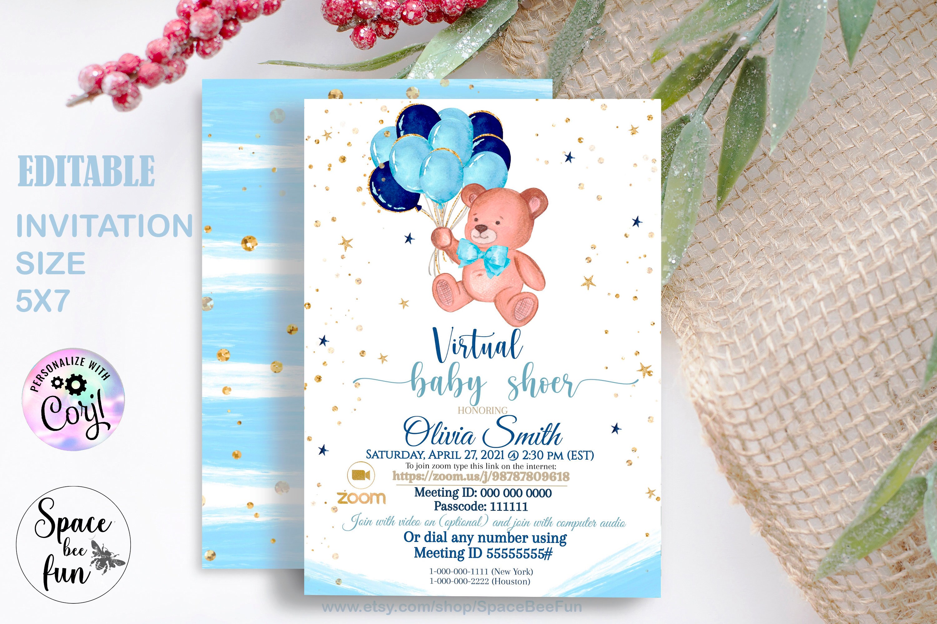 Teddy Bear ZOOM Baby Shower Invitation Boy Teddy Bear Virtual | Etsy