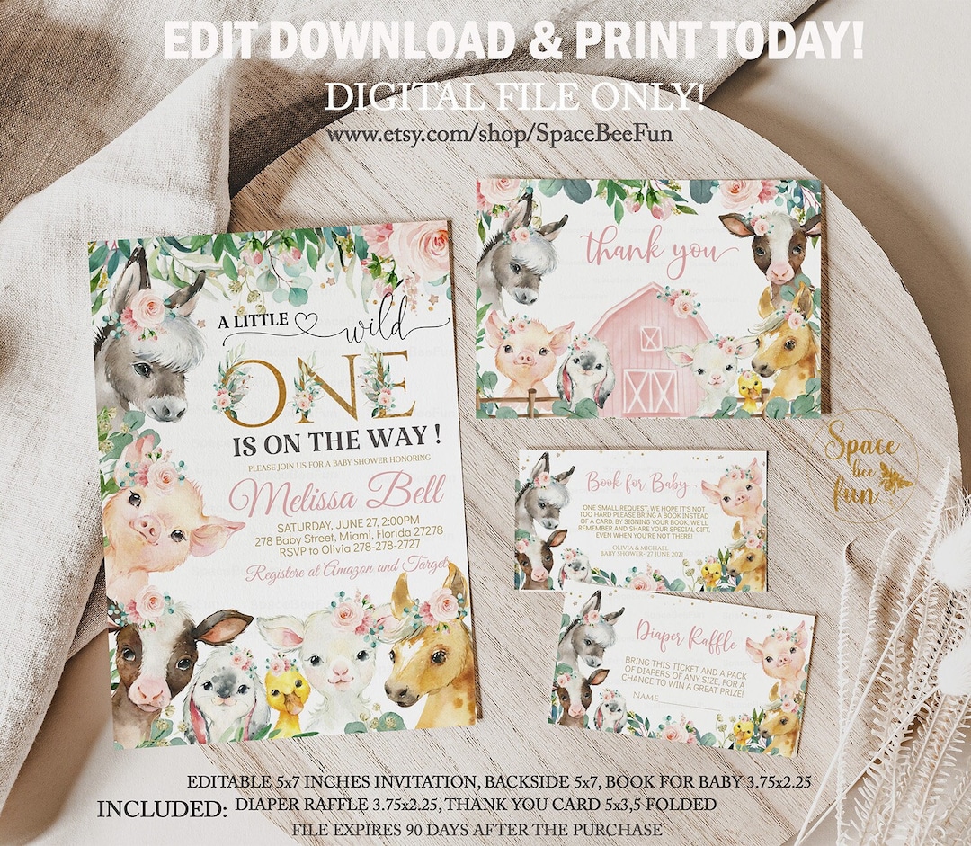 Farm Baby Shower Invitation Set, Girl Farm Animals Invitations Barn Cow ...