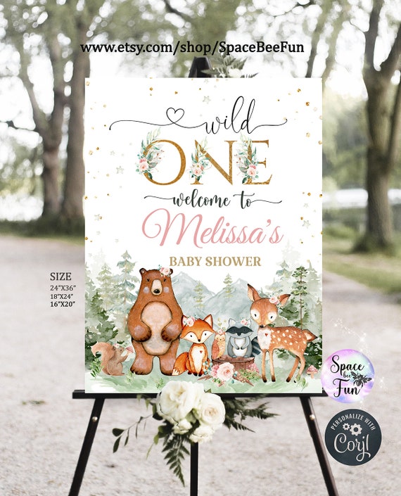 EDITABLE Woodland Animals Welcome Sign Baby Shower Girl Wild One ...