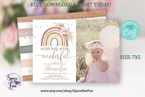 Onederful Rainbow Boho First Birthday Invitation With Photo Girl Pink Rainbow Bohemian Birthday ...