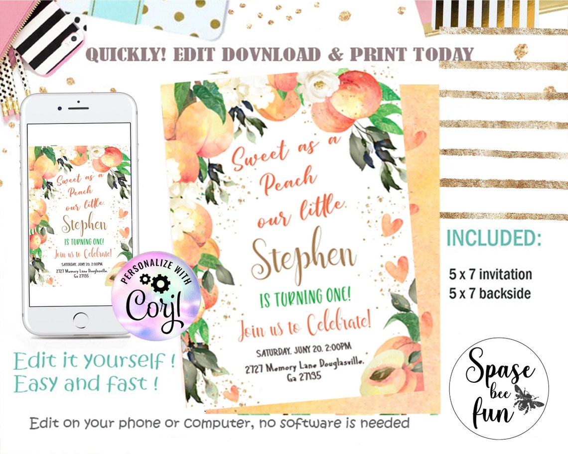 EDITABLE Peach invite Sweet as a Peach invitation 1st | Etsy