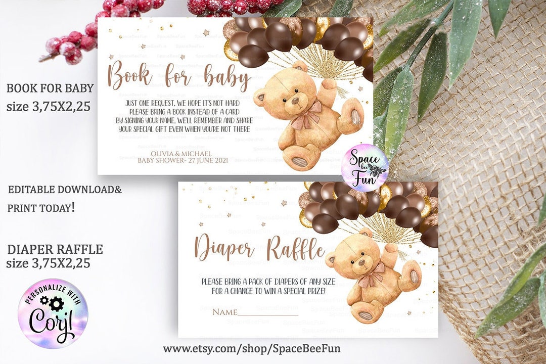 Editable Teddy Bear Baby Shower Book and Diaper Raffle Invitation, We ...