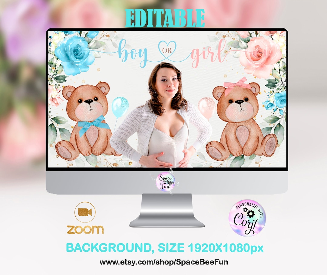 EDITABLE Zoom Background Baby Shower Bear Virtual Baby Shower Gender ...
