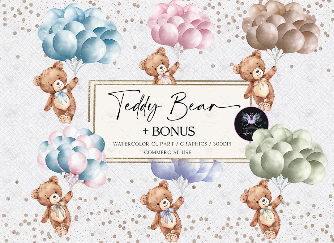 Teddy Bear Baby Shower Watercolor Clipart Teddy Bear and Balloons Sweet ...