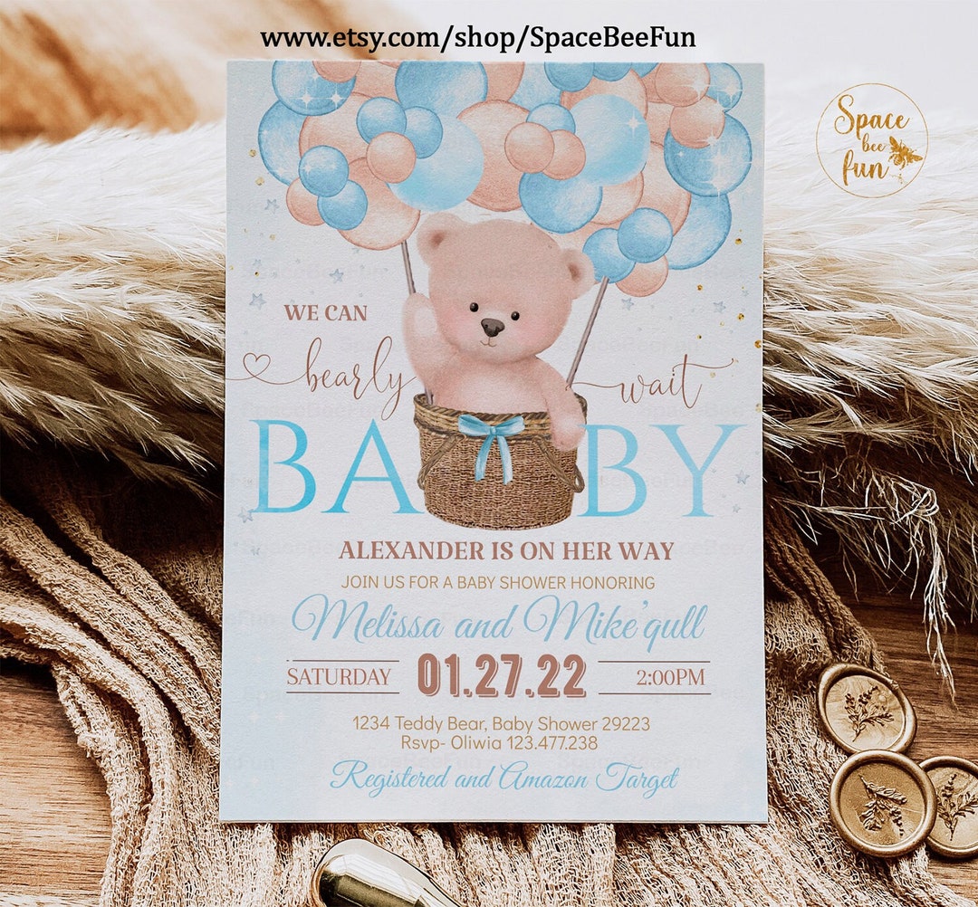 Editable Teddy Bear Baby Shower Invitation We Can Bearly Wait Boy, Hot ...