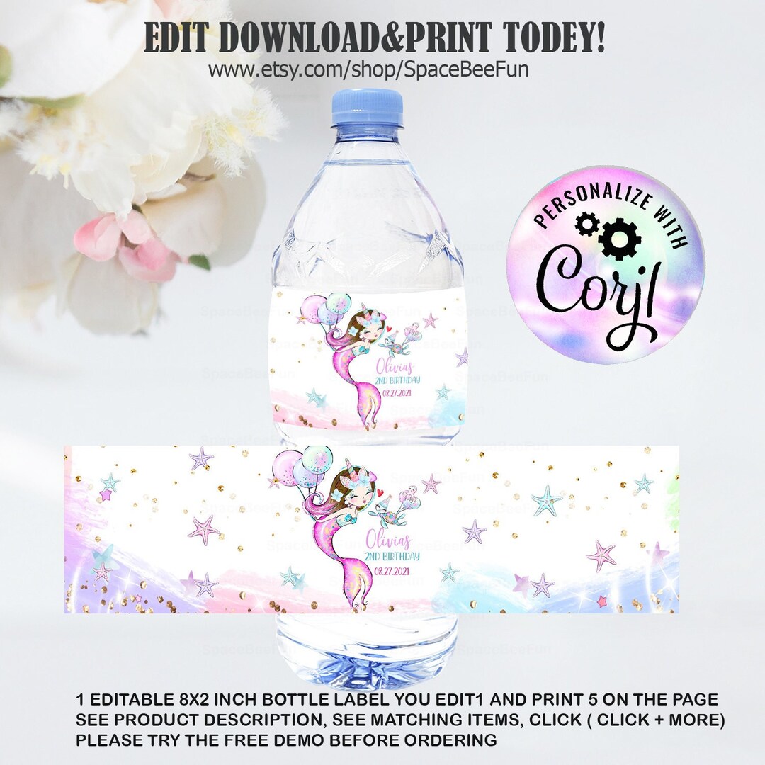 Editable Mermaid Birthday Bottle Labels ,unicorn Party Mermaid Invite ...