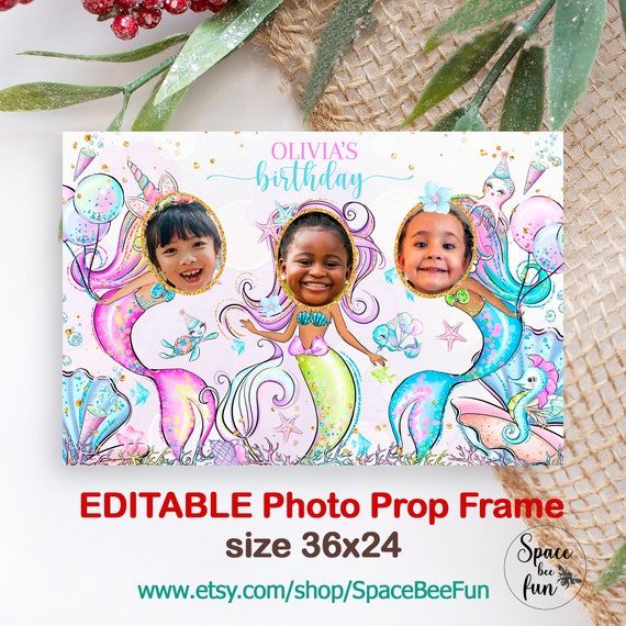 EDITABLE Photo booth frame Birthday Mermaid Photo Prop, Fatm photo ...
