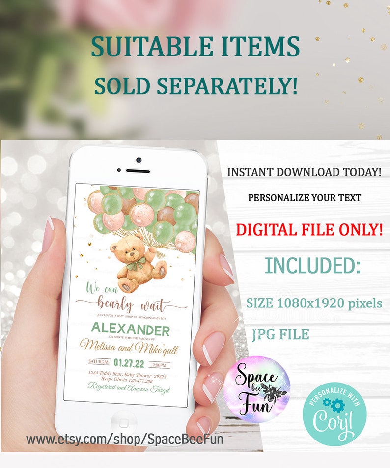Editable Teddy Bear Baby Shower Invitation Green We Can Bearly - Etsy