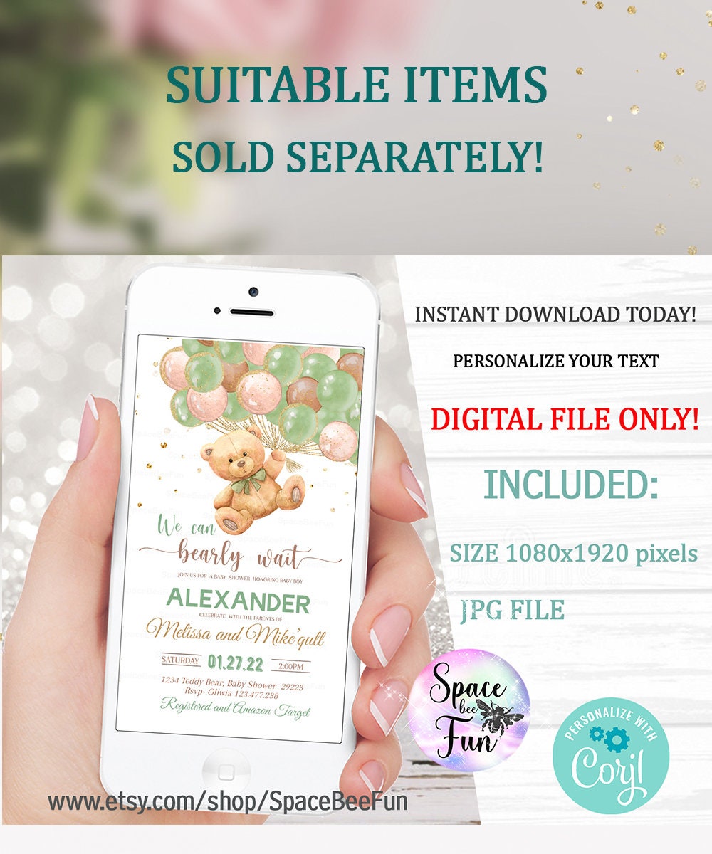 Editable Teddy Bear Baby Shower Invitation Green Bundle With - Etsy
