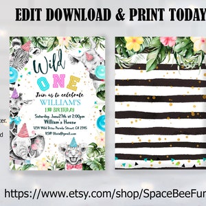 Editable ONE Wild Birthday Jungle Party Animals Invite ONE Wild 1nd ...