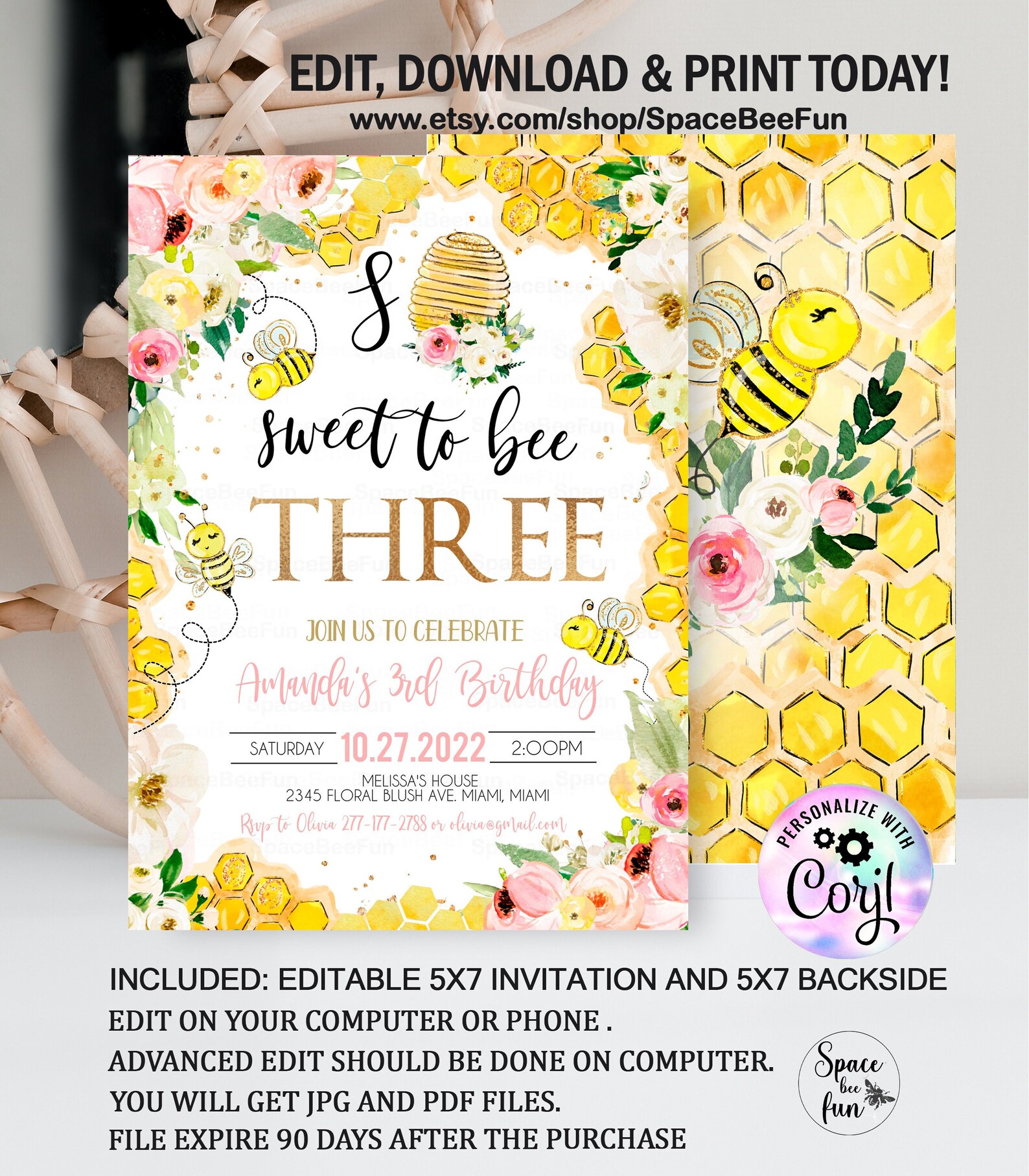 Editable Bee Birthday Invitation Three Honey Pink Bee Birthday - Etsy