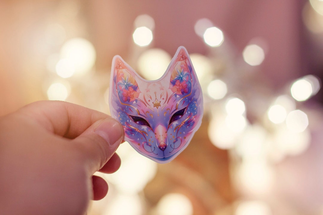 Kitsune Mask Vinyl Sticker - Japanese Kitsune Flower Waterproof, Matte ...