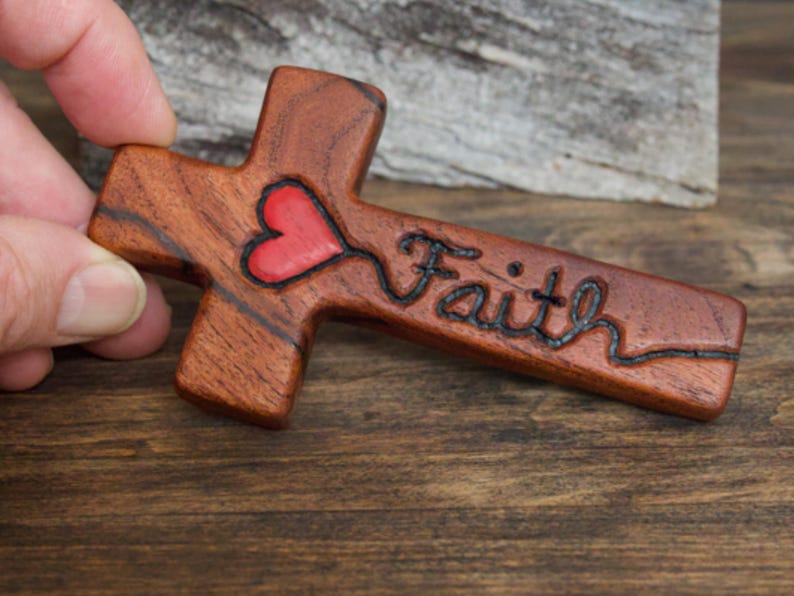 Life Cross Hand Held Mesquite Wood Heart Hand Engraved Faith, Religious ...