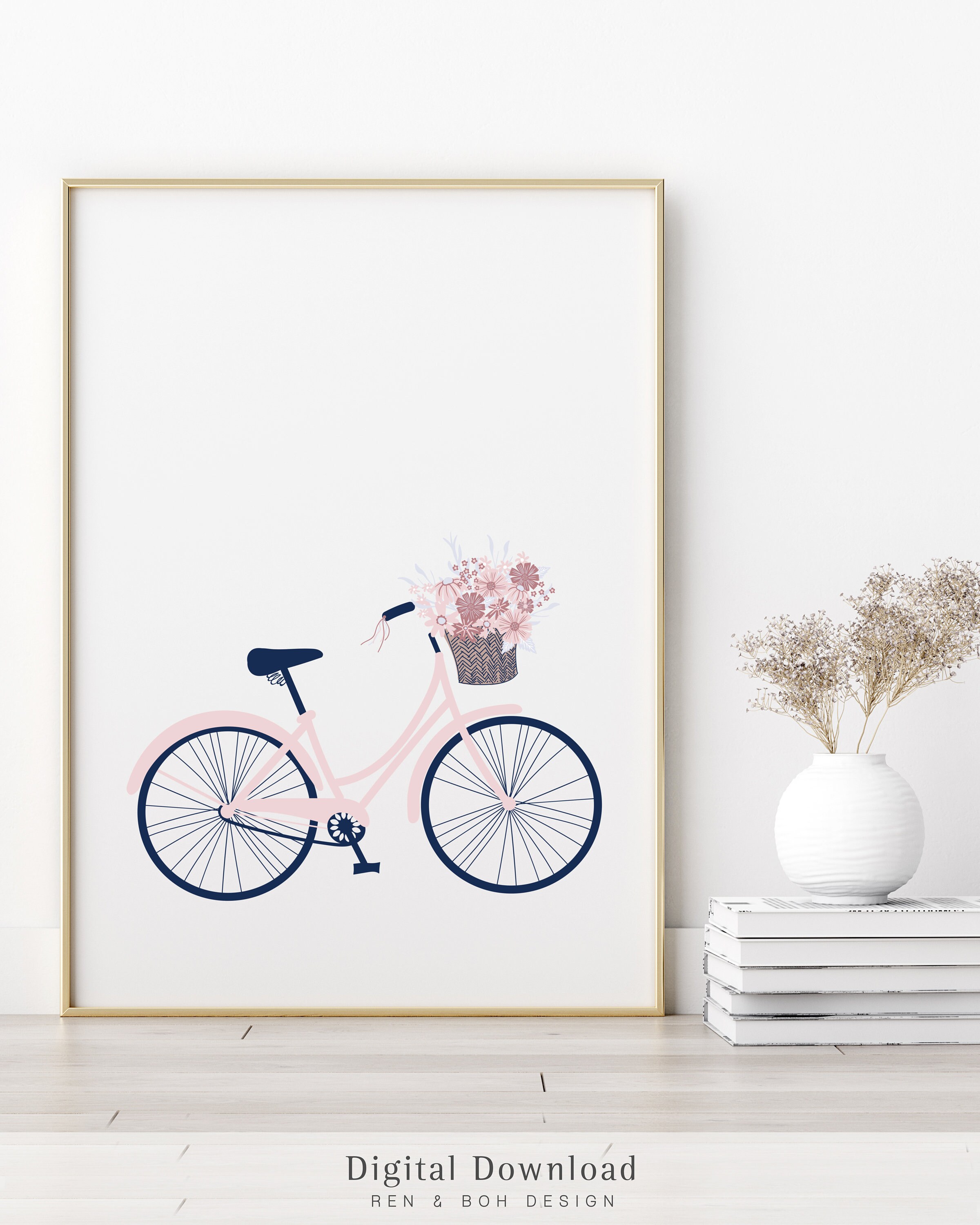 Spring Bike With Flower Basket Illustration Doodle, Floral Mauve ...