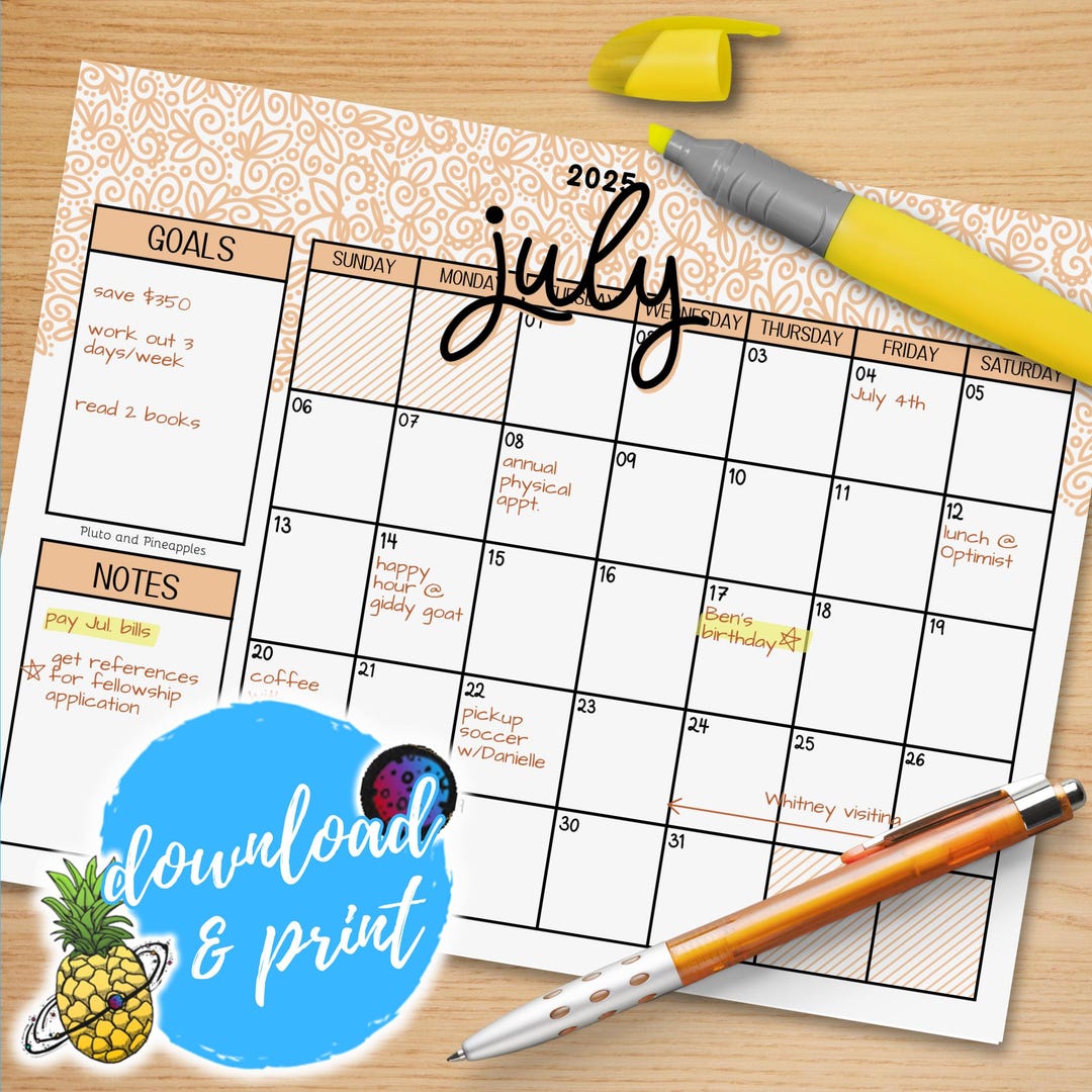 July 2025 Bullet Journal Calendar | Doodle Floral Printable Calendar ...