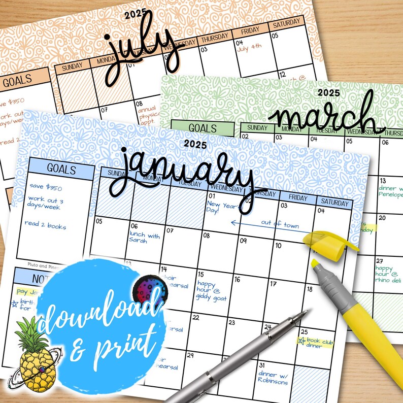2025 Printable Bullet Journal Calendar Pages | Colorful Doodle Design ...