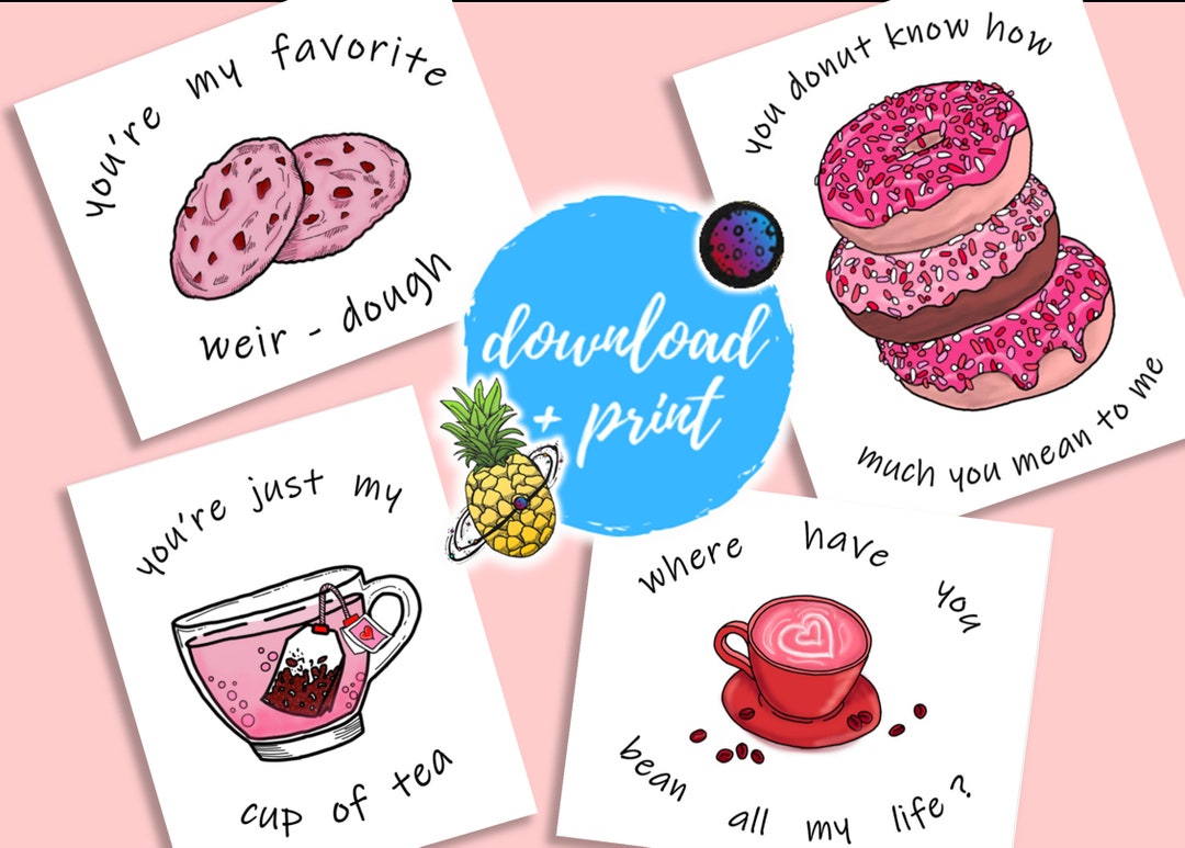 Set of 4 Food Puns Valentines Day Cards Funny Valentine's Cards Hand ...