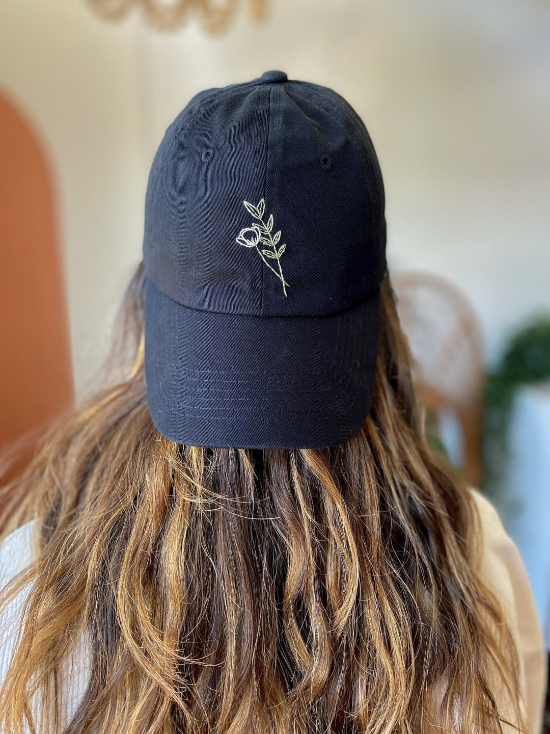 Flower Embroidered Hat | Black Hat | Hand-embroidered Dad Hat | Leaves ...