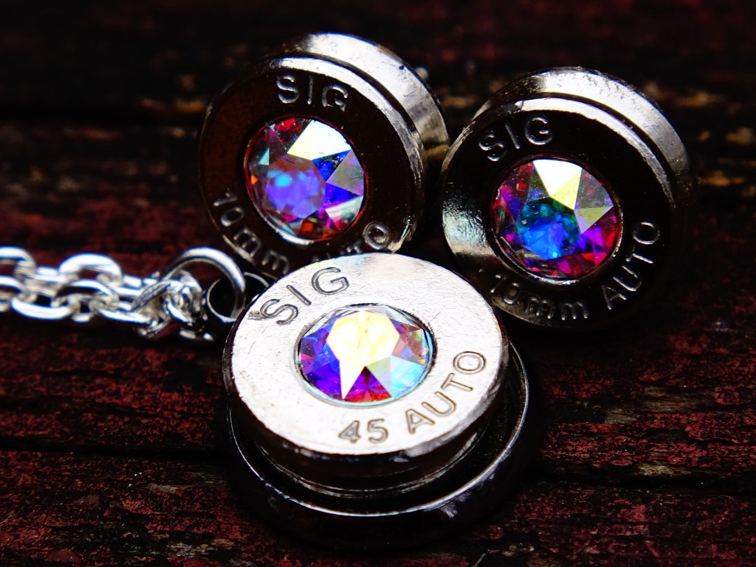10mm Bullet Earrings & 45 ACP Pendant Set Swarovski Aurora Borealis ...