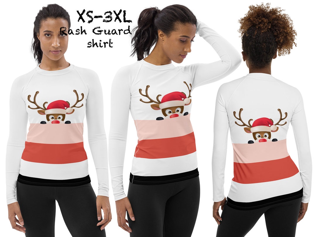 Reindeer Christmas Rash Guard Shirt Women Athletic Top Surfing Workout ...