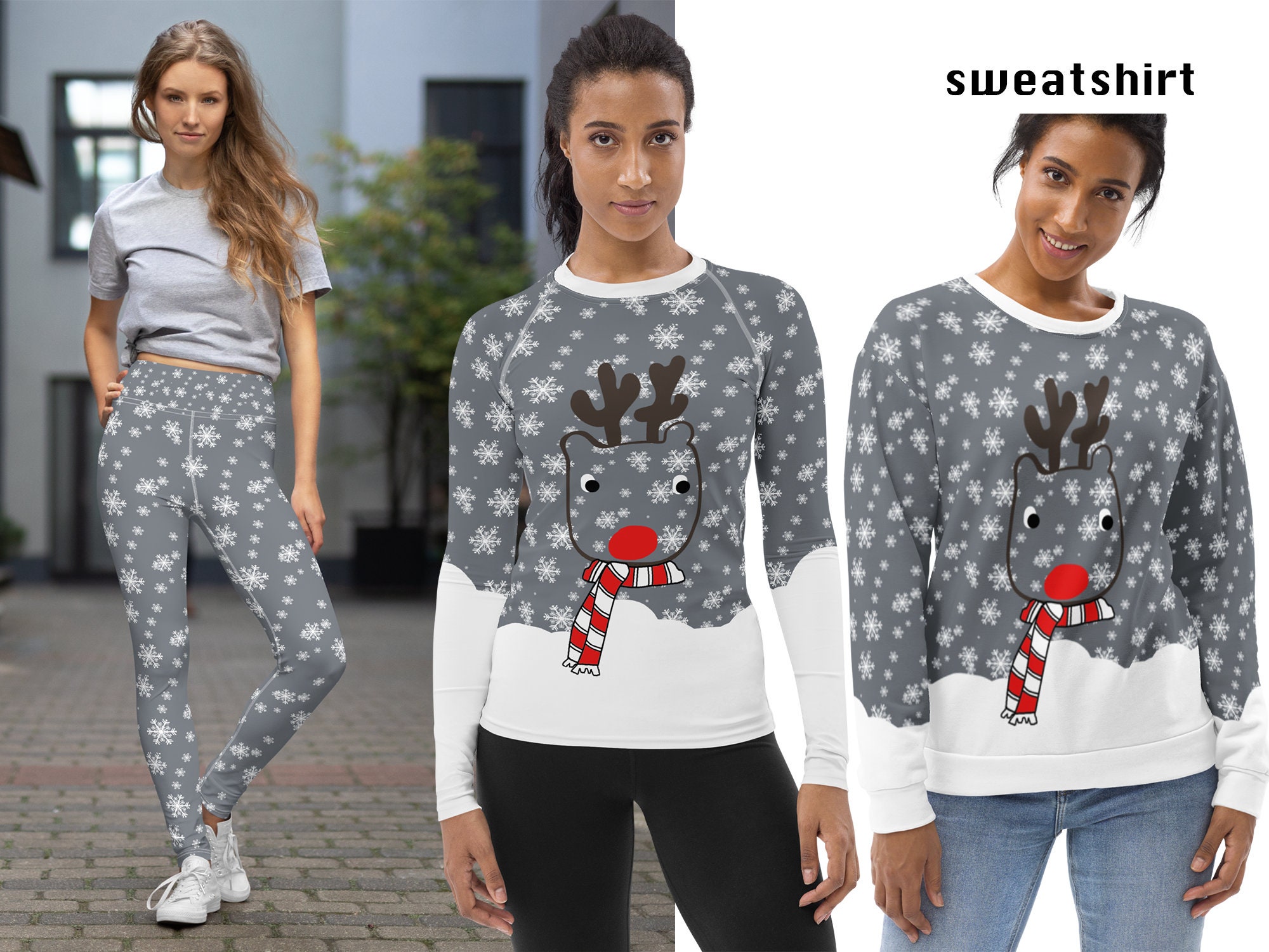 Reindeer Christmas Athletic Women Costume Rash Guard Shirt Snowflakes ...