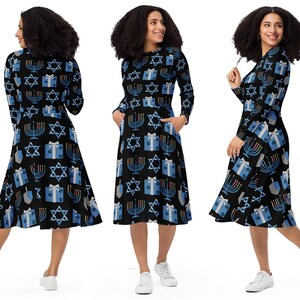 Hanukkah Midi Dress Women Jewish Festival Celebration Long Sleeve ...