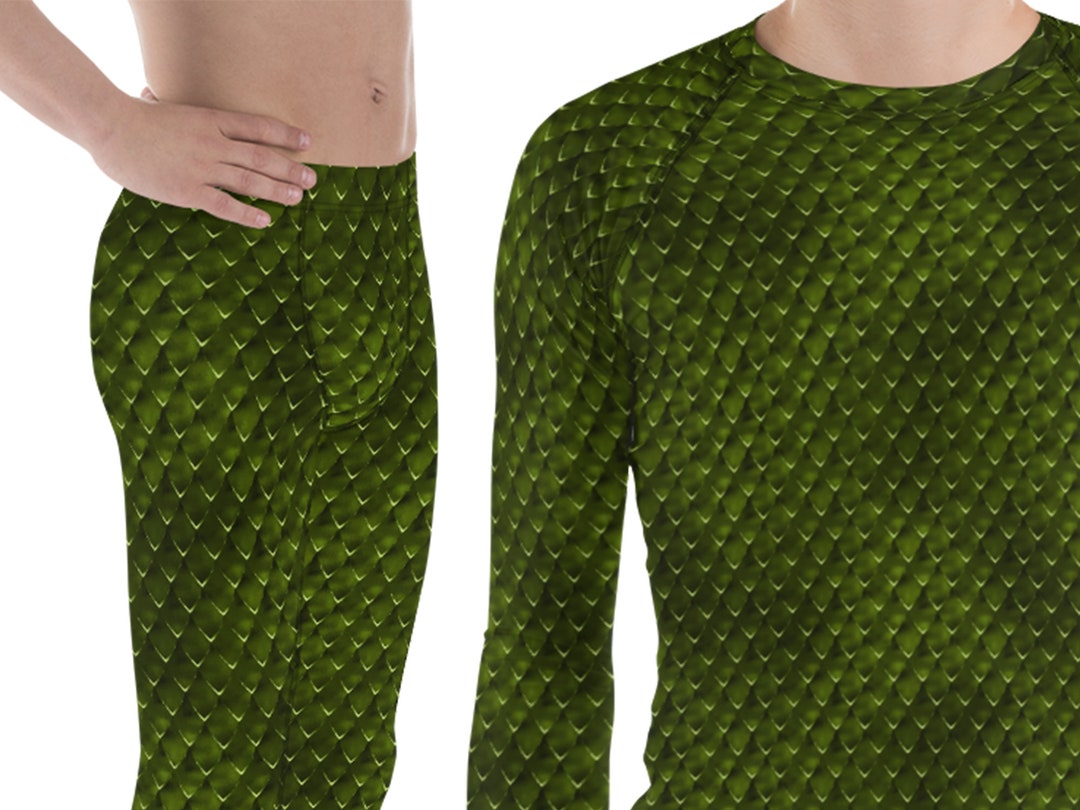 Green Lizard Dragon Scales Print Costume Men Rash Guard Shirt Meggings ...