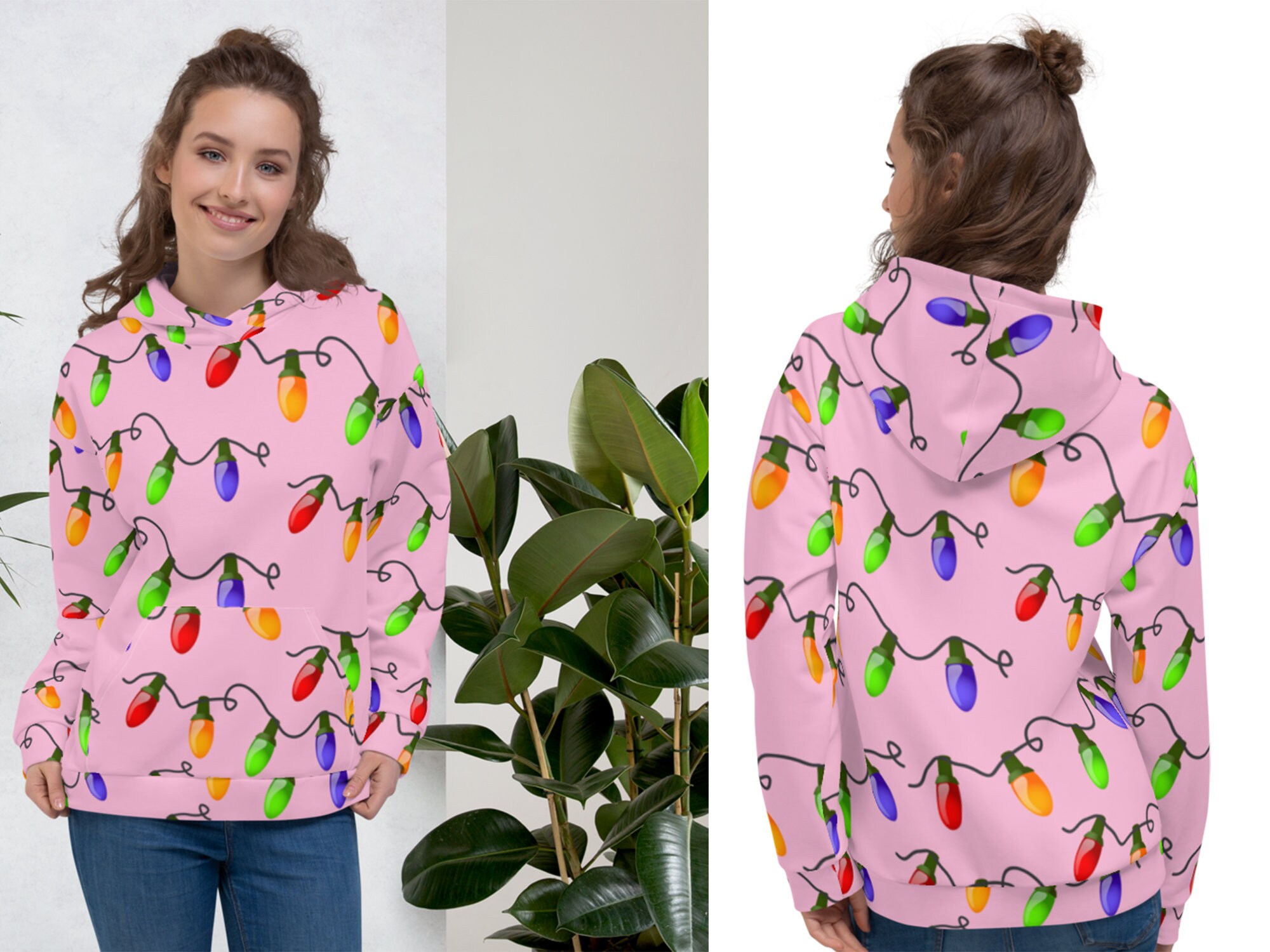 Christmas Tree Lights Hoodie Pink Woman Bulbs Party Decorations Ugly ...