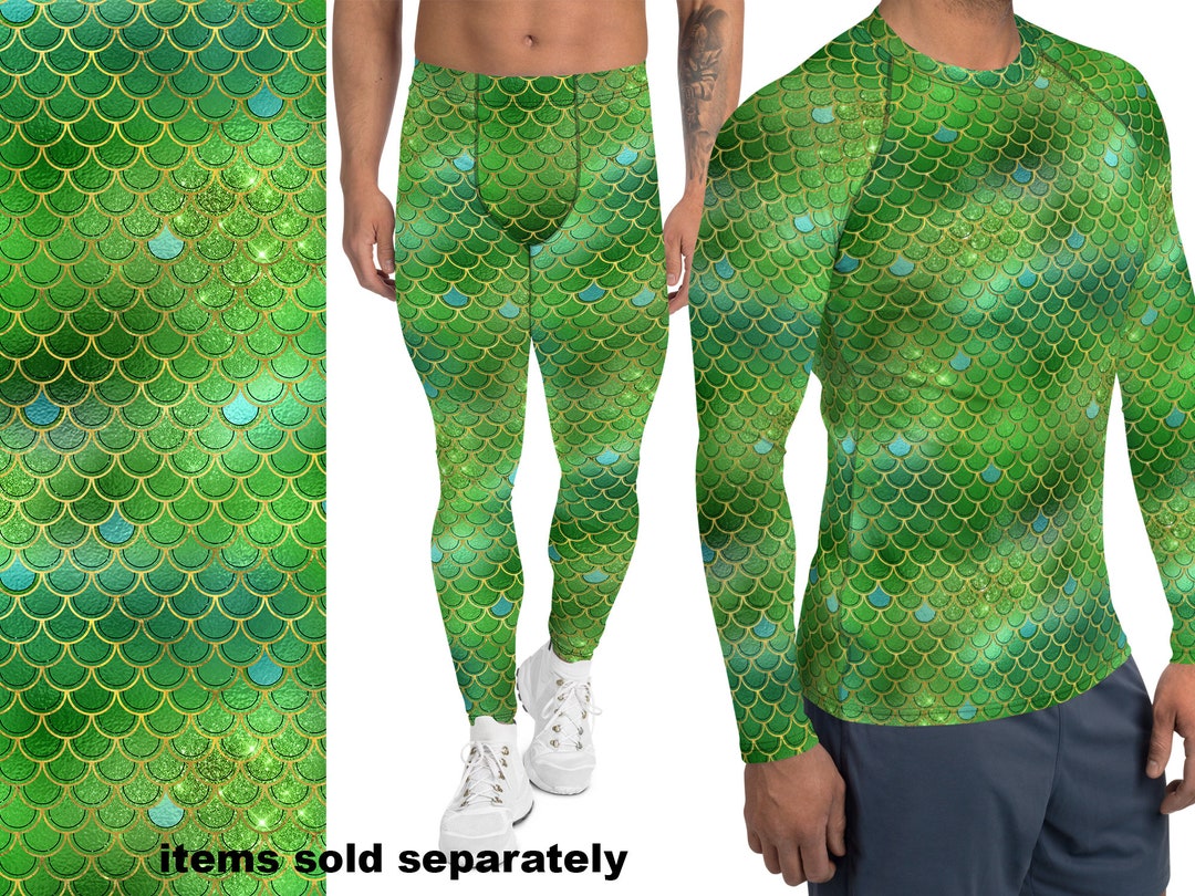 Green Merman Fish Scales Print Men's Halloween Activewear Costume ...