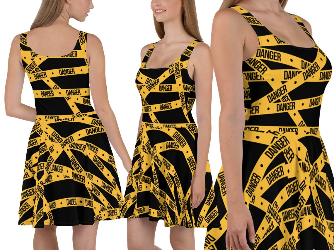 Danger Ribbon Dress Halloween Women Cosplay Warning Skirt Fitted Mini ...
