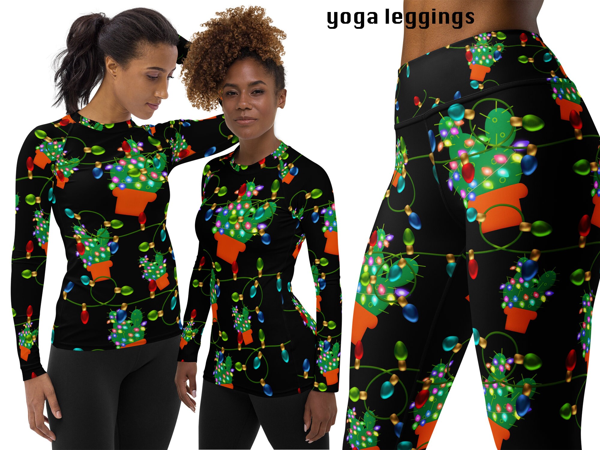 Cacti Christmas Costume Women Workout Leggings Tree Lights Rash Guard ...