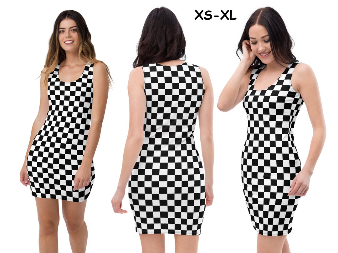 White Black Chessboard Dress Woman Checkered Halloween Cosplay Bodycon ...