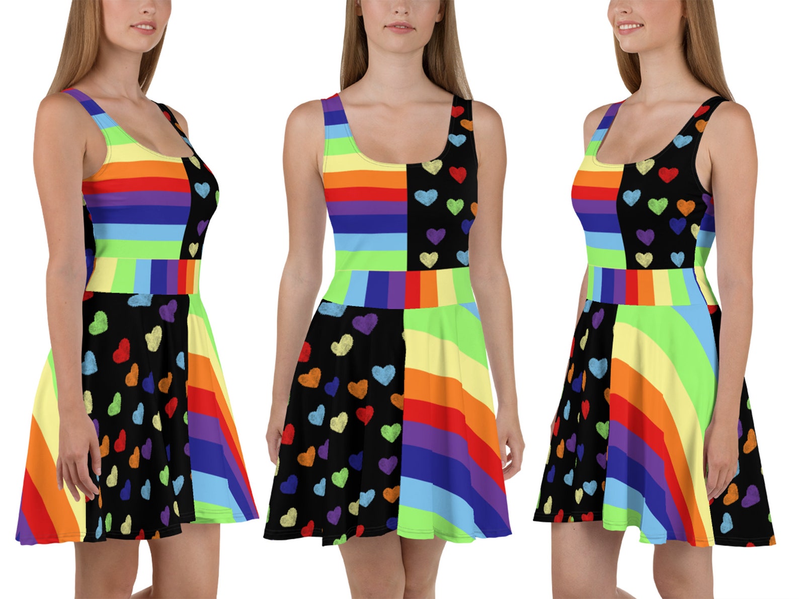 Pride Dress Rainbow Hearts Skater Women LGBT Cosplay Sleeveless Costume ...
