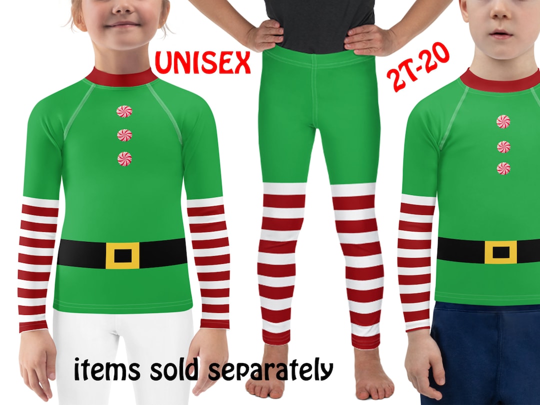 Elf Kids Athletic Costume Christmas Outfit Striped Leggings Youth Rash ...