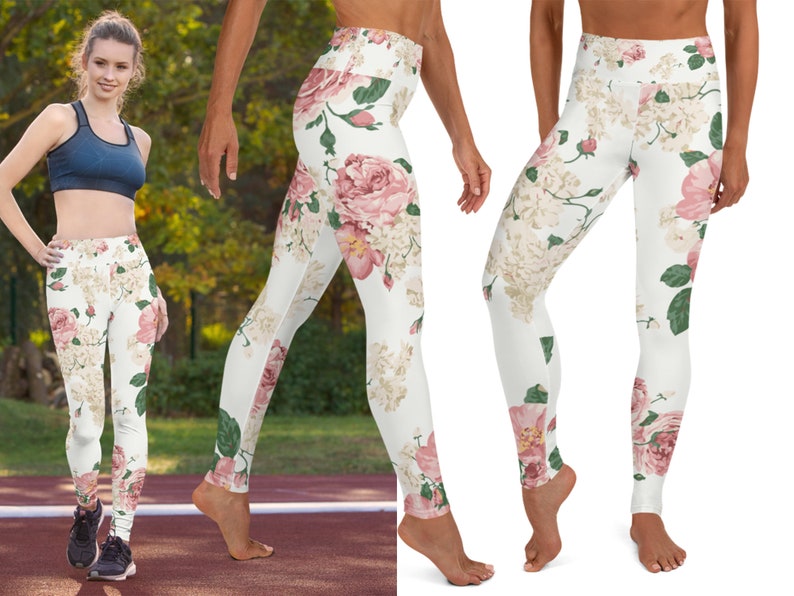 Floral Yoga Leggings Women's Roses Vintage Capris Pants Workout Fitness ...