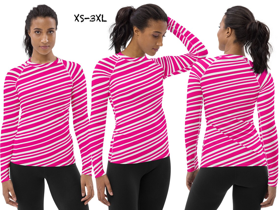 Striped Pink Candy Cane Christmas Rash Guard Shirt Women - Etsy