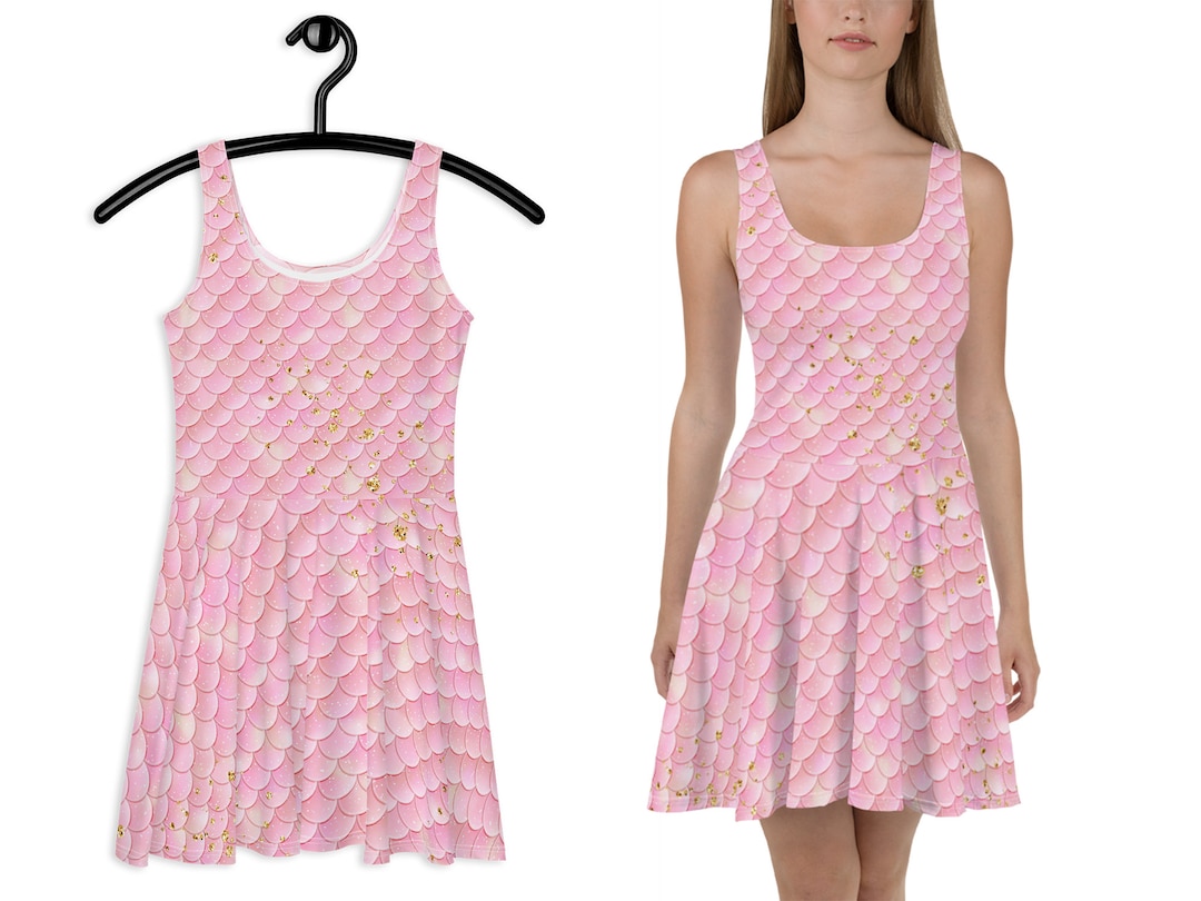 Pink Mermaid Fish Skin Scales Skater Dress Women Cosplay Halloween ...