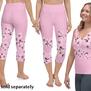 Pink Sakura Workout Set Cherry Blossoms Capris Leggings Tank Crop Women ...