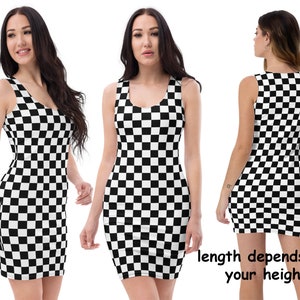 White Black Chessboard Dress Woman Checkered Halloween Cosplay Bodycon ...