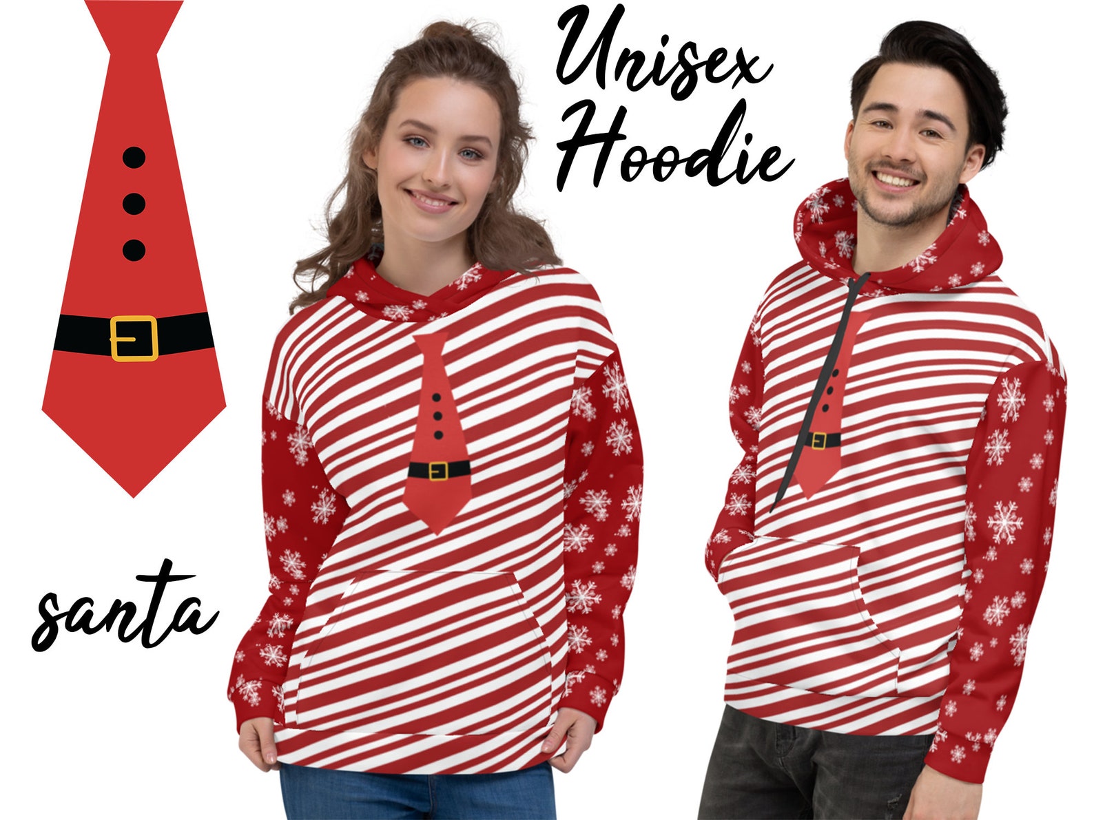 Christmas Elf Tie Hoodie Unisex Gift Snowflakes Striped Fleece Shirt ...