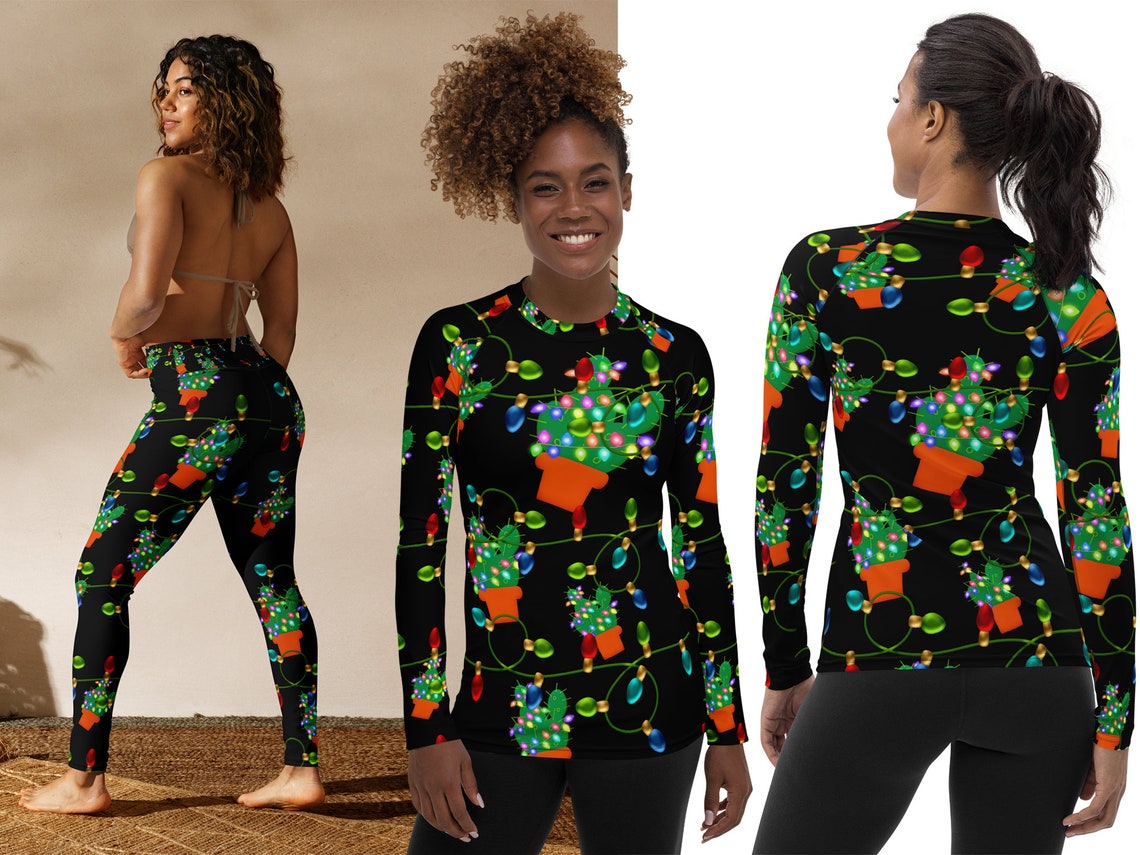 Cacti Christmas Costume Women Workout Leggings Tree Lights Rash Guard ...