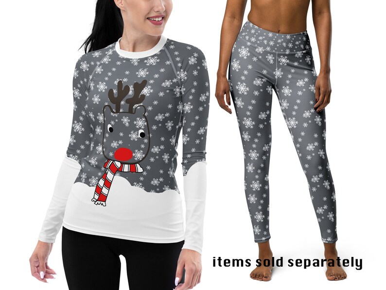 Reindeer Christmas Athletic Women Costume Rash Guard Shirt Snowflakes ...