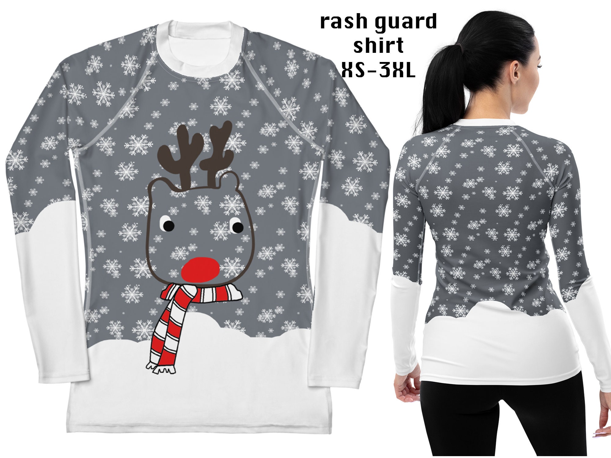 Reindeer Christmas Athletic Women Costume Rash Guard Shirt Snowflakes ...